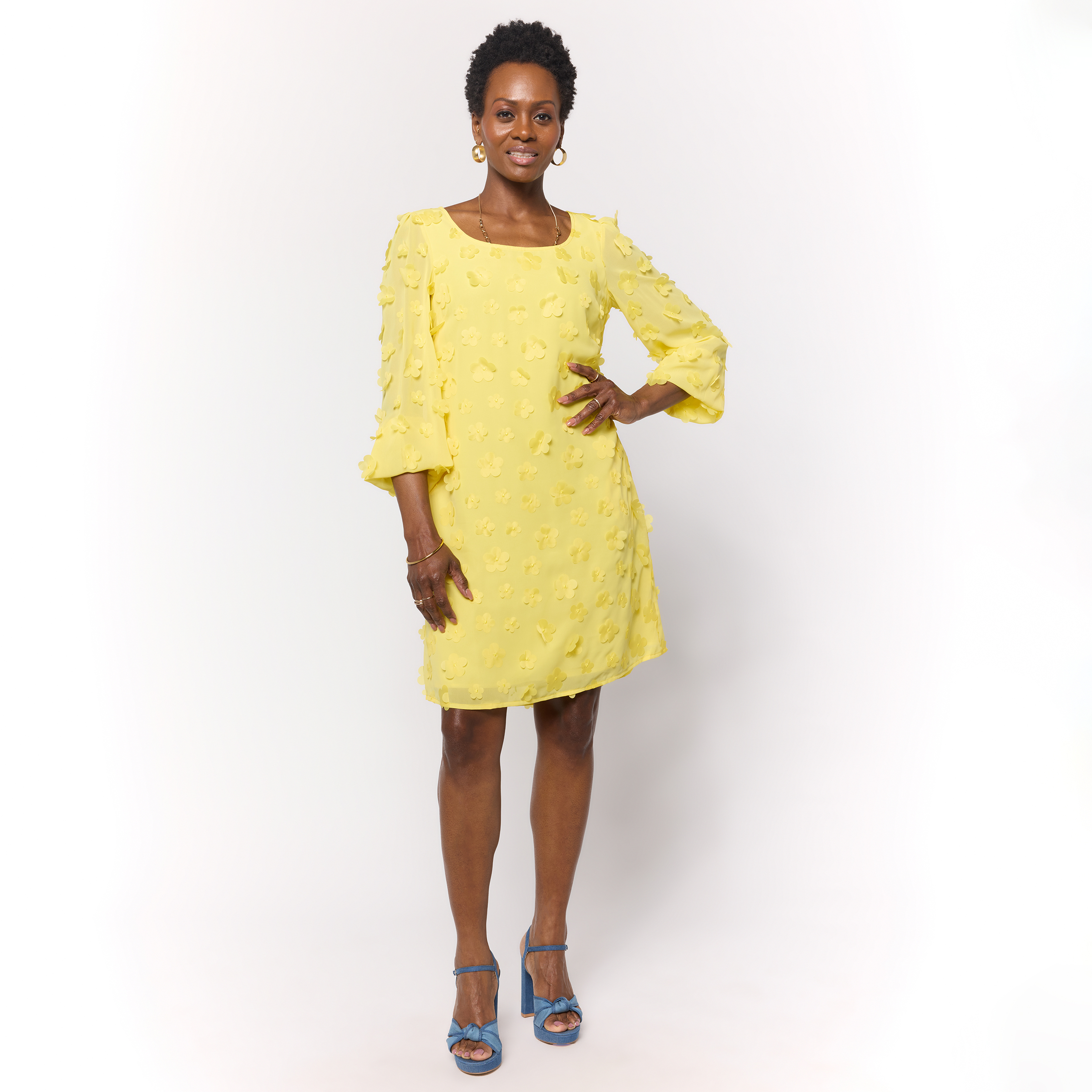 Nina Leonard Round Neck Long Balloon Sleeve Float Dress | HSN