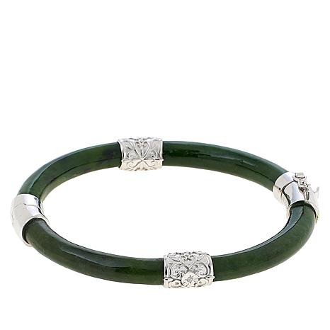 Jade of Yesteryear Jade and Cubic Zirconia Sterling Silver Bangle ...