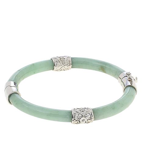 Jade of Yesteryear Jade and Cubic Zirconia Sterling Silver Bangle ...