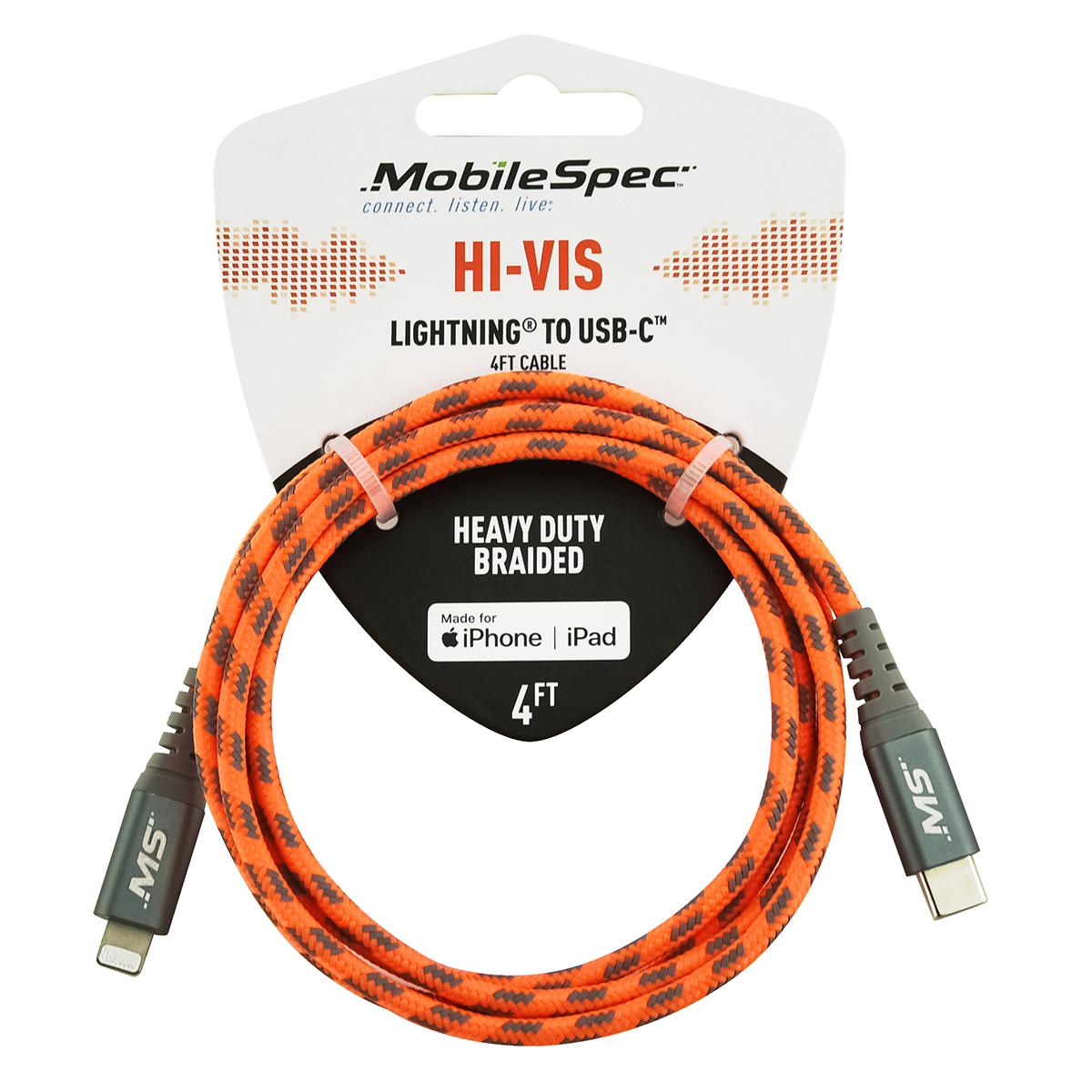 MobileSpec Hi-Vis 4ft Lightning to USB-C Cable, Orange | HSN
