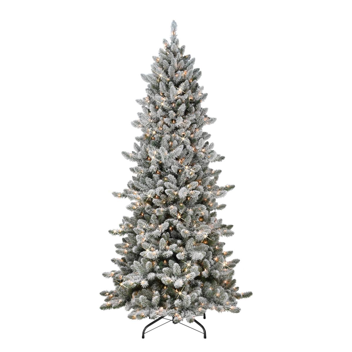 Puleo Intl. Pre-Lit 7.5' Slim Flocked Spruce Artificial Christmas Tree ...