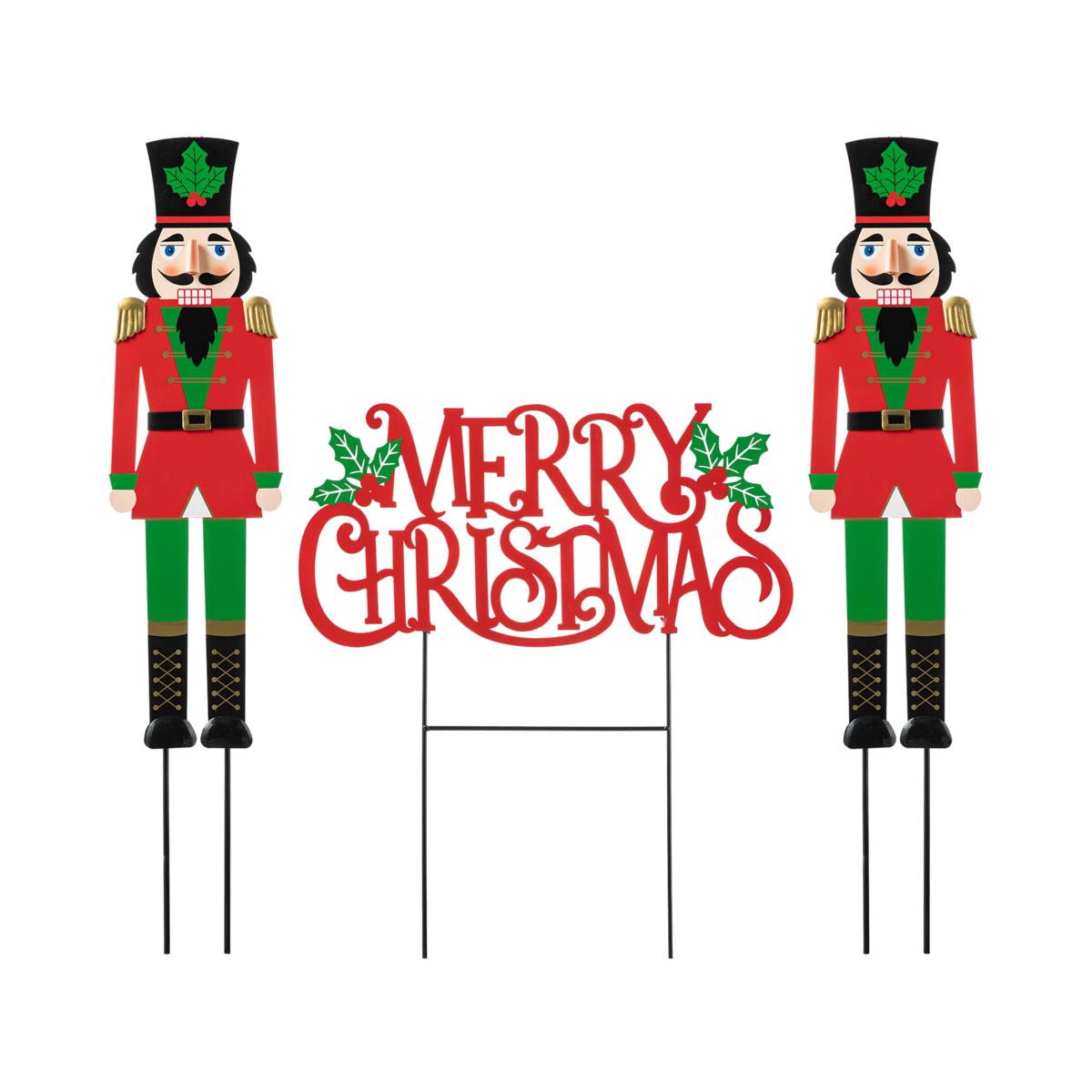 Glitzhome 2pc. Metal Nutcracker and Merry Christmas Yard Stake ...