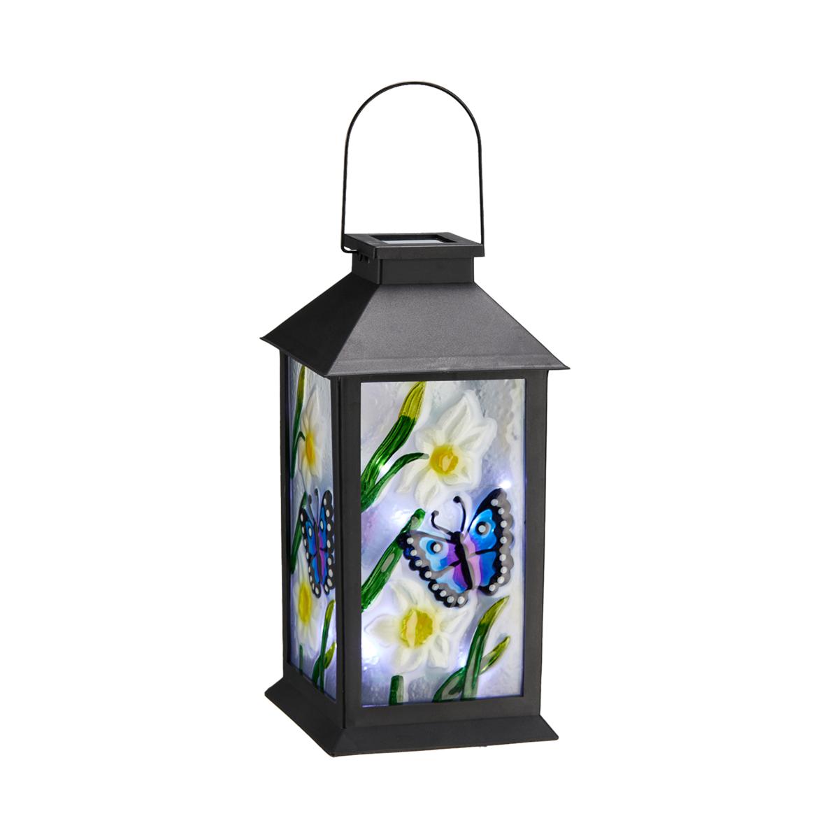 11"H Textured Glass Butterfly & Flower Solar Powered Hanging Lantern ...