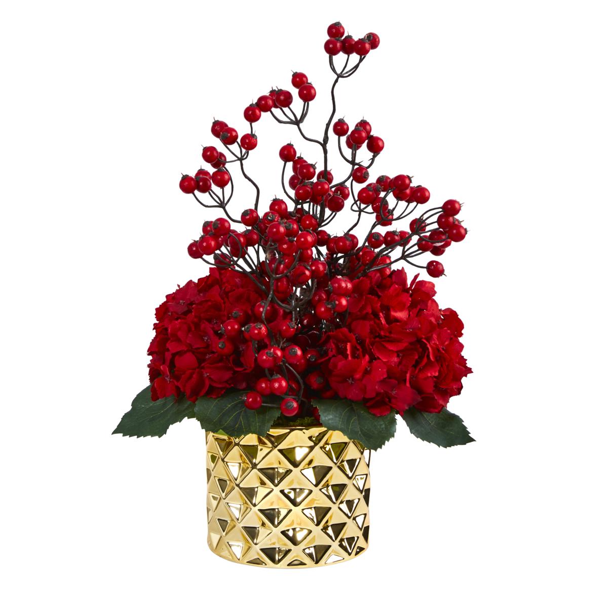 Nearly Natural 18 in. Hydrangea and Berries Arrangement in Gold Vase ...