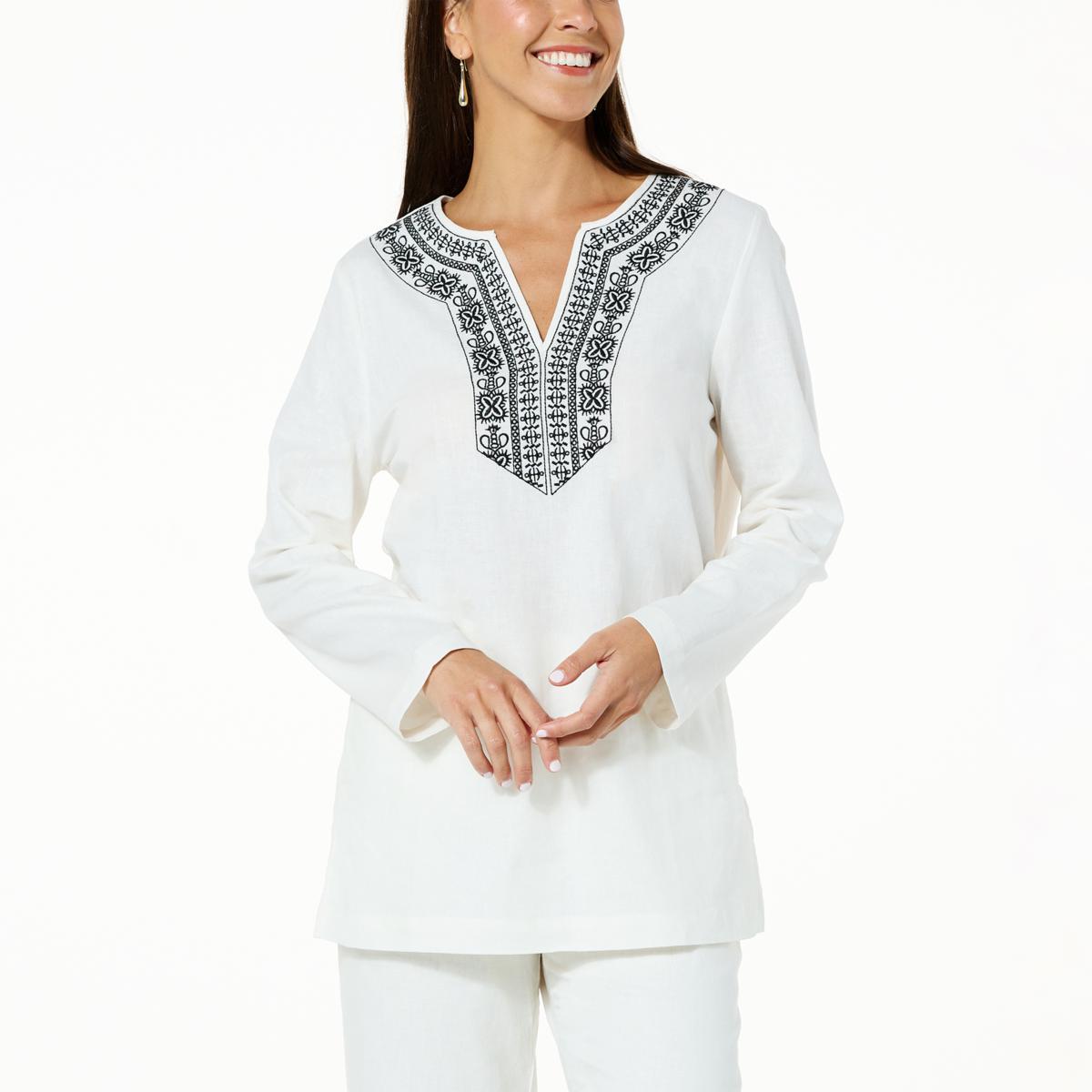 Jaclyn Smith Embroidered Linen Blend Long Sleeve Top 20770097 Hsn