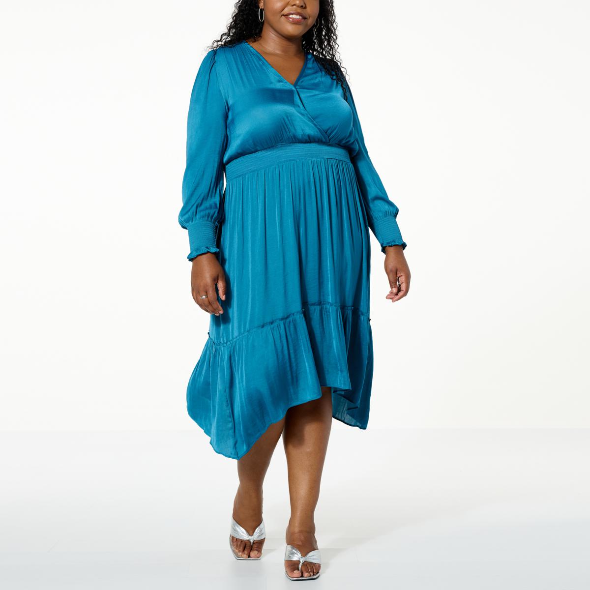 G by Giuliana Black Label Satin Faux Wrap Midi Dress | HSN