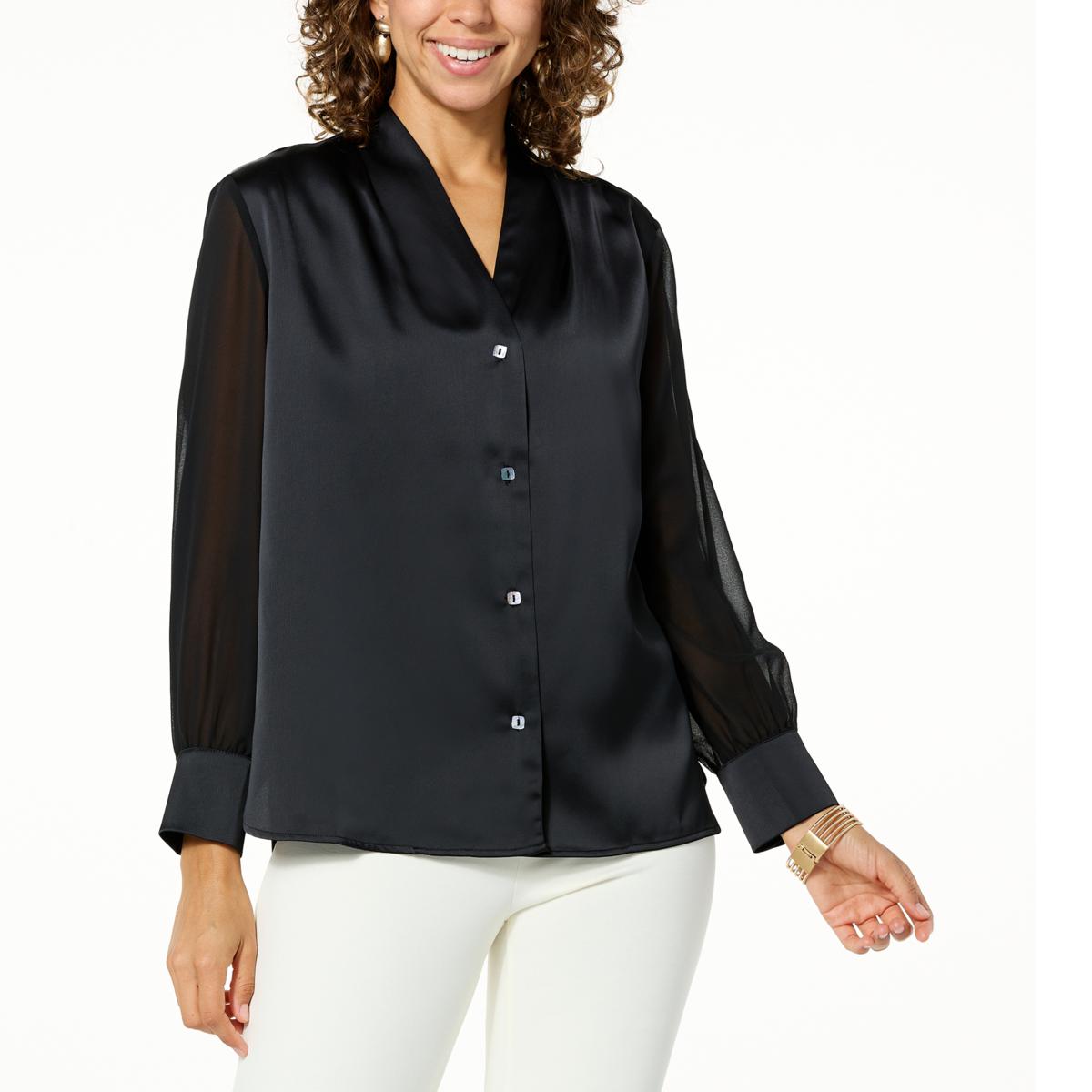 WynneCollection Satin Blouse with Chiffon Sleeves - 21040365 | HSN