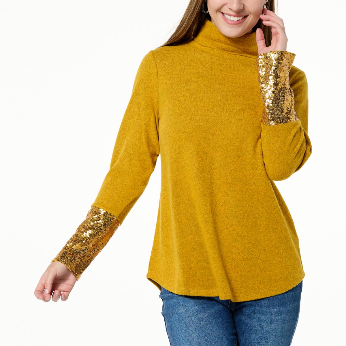 DG2 by Diane Gilman Brushed Knit Sequin Cuff Turtleneck Sweater ...