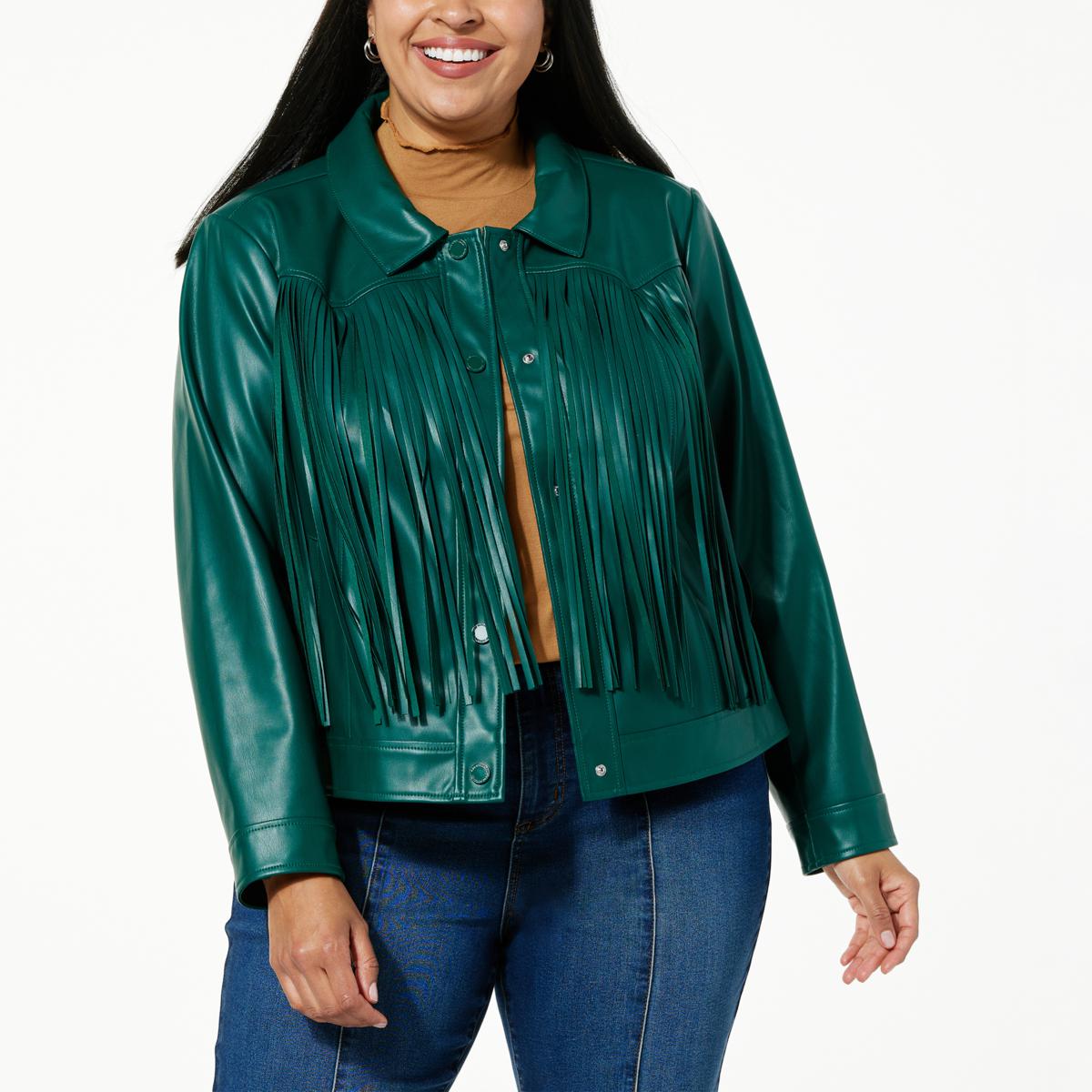 G by Giuliana Black Label Faux Leather Graphic Fringe Jacket | HSN