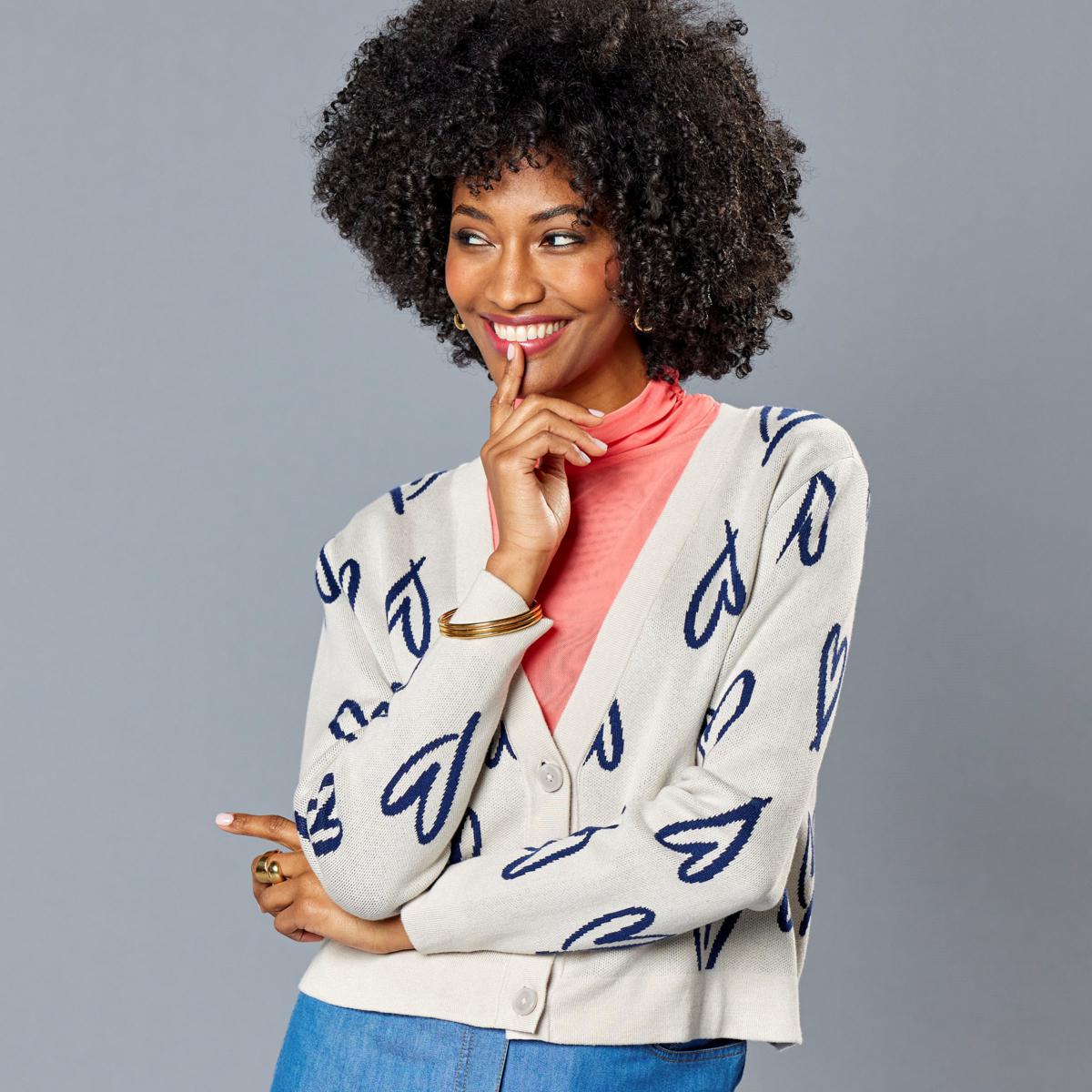 HFR x Undra Celeste Jacquard Hearts Sweater Cardigan - 21889682 | HSN