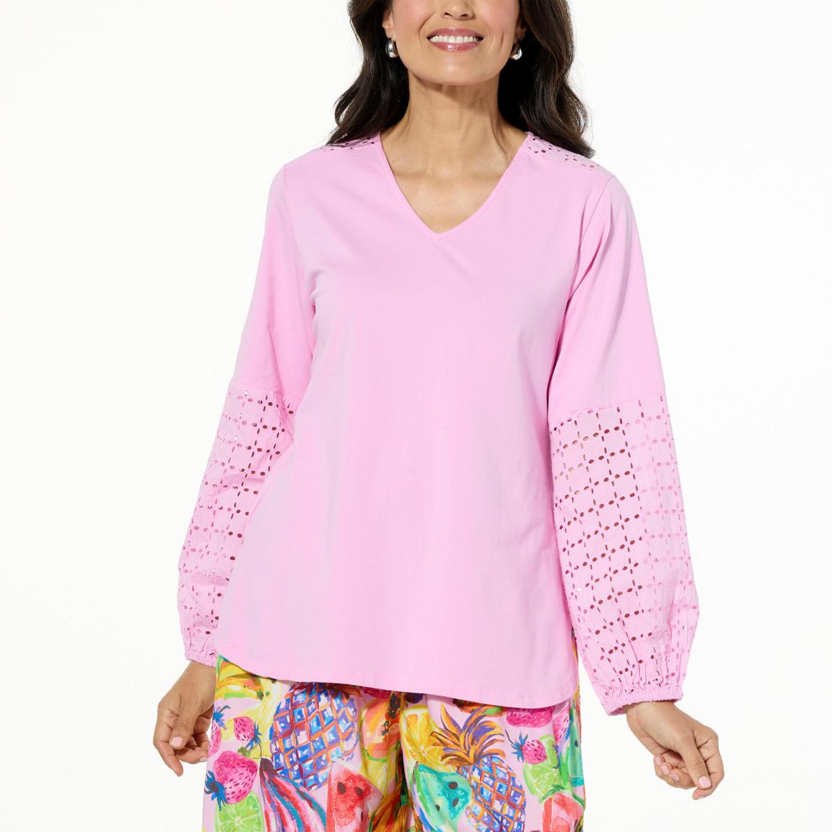 Antthony Puff Sleeve Cotton Jersey Knit Top with Eyelet Detail ...