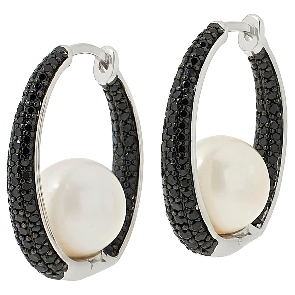 Kwan Collections Sterling Silver Pearl and Black Spinel Hoop Earrings | HSN
