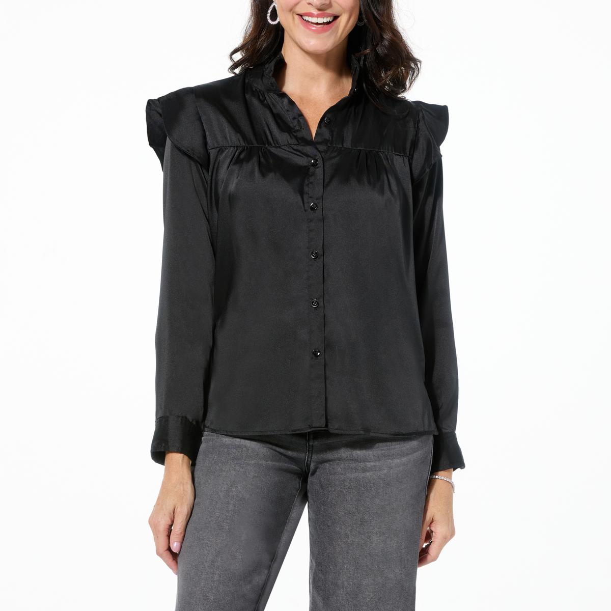 Curations x Amy Morrison Silky Ruffle Button-Front Blouse - 23085429 | HSN