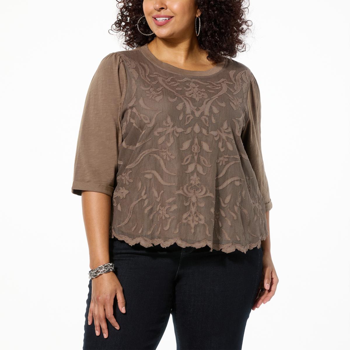 Democracy Embroidered Die-Cut Knit-to-Woven Top - 23253450 | HSN