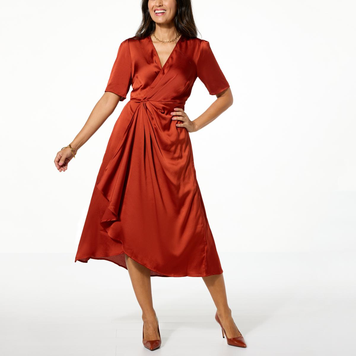 Nina Leonard Hammered Satin Drape-Front Dress - 23256313 | HSN