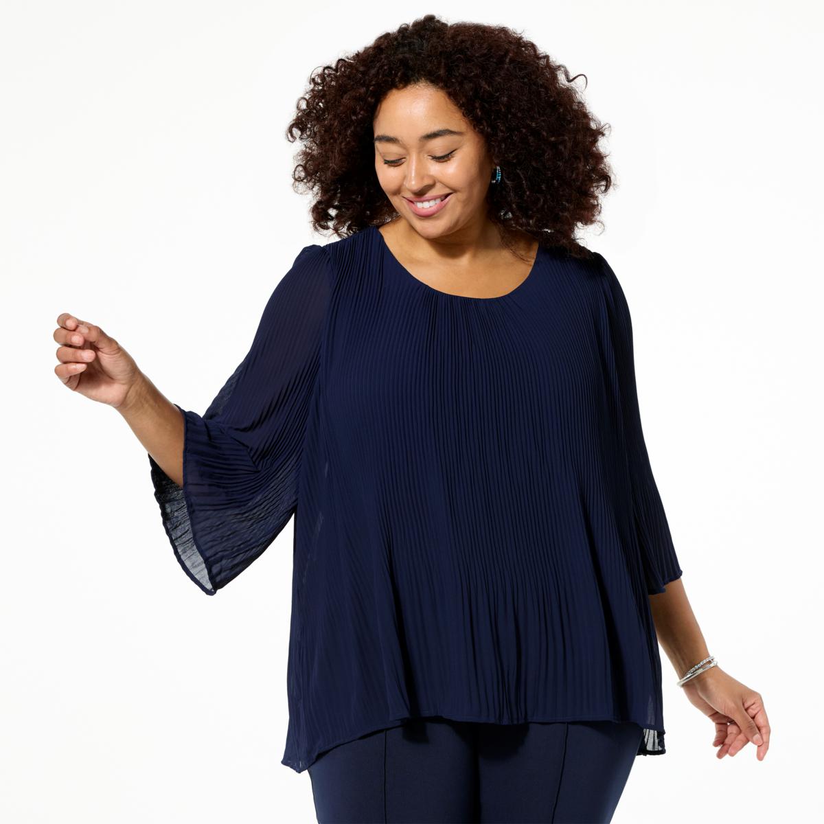 "As Is" Nina Leonard Pleated Chiffon Hi-Low Top | HSN