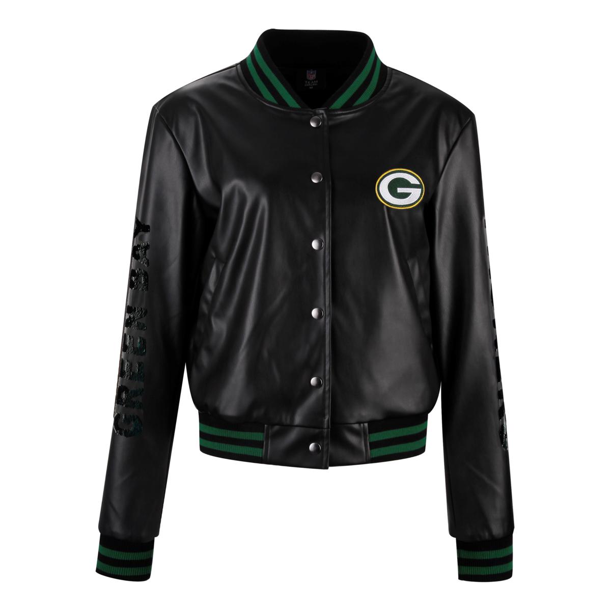 Officially Licensed NFL Sequin Logo Faux Leather Bomber Jacket ...