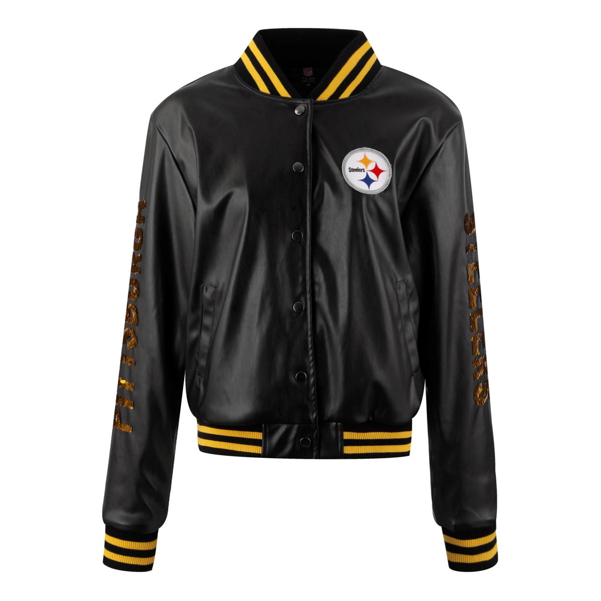 Officially Licensed NFL Sequin Logo Faux Leather Bomber Jacket ...