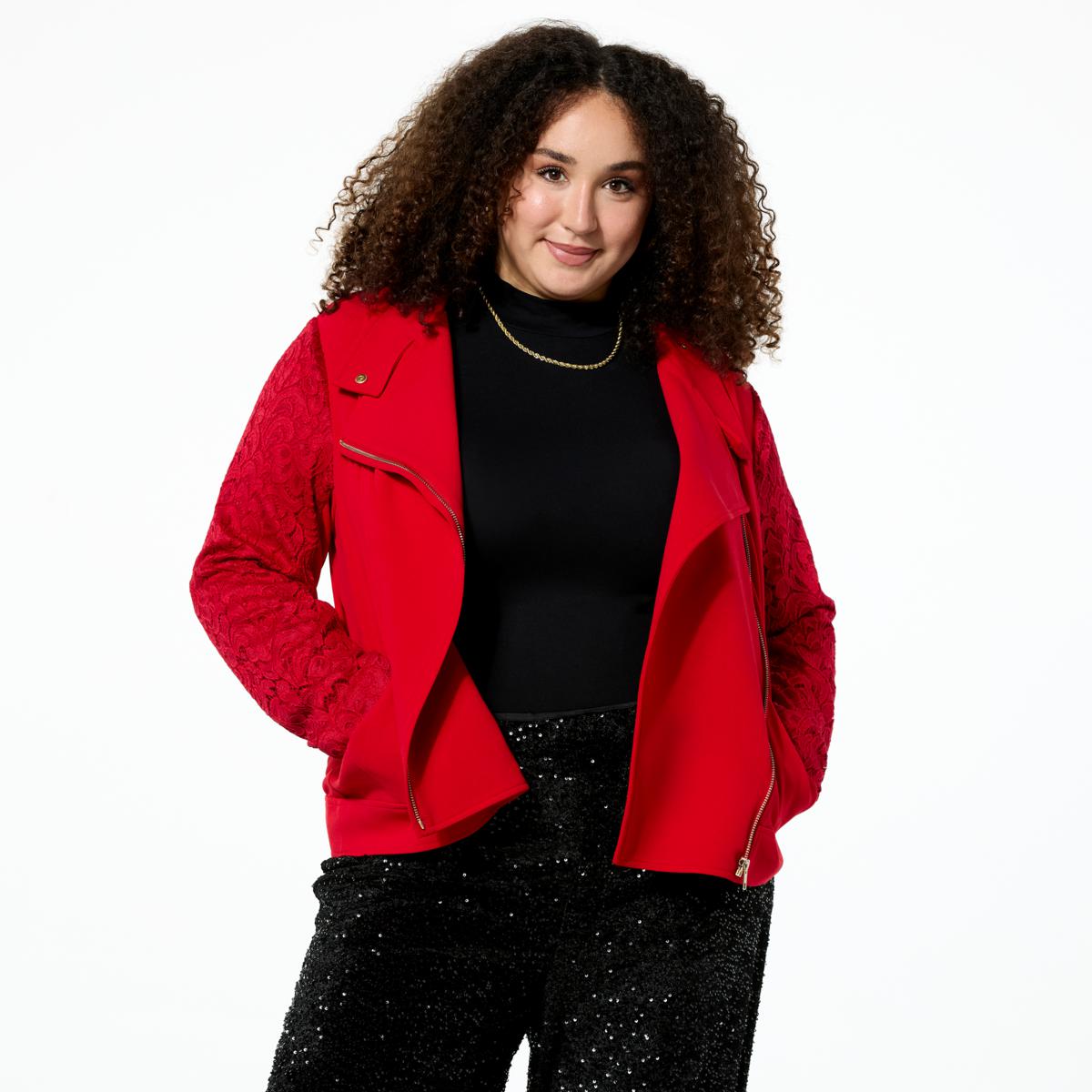 C Wonder by Christian Siriano Lace Sleeve Crepe Knit Moto Jacket | HSN