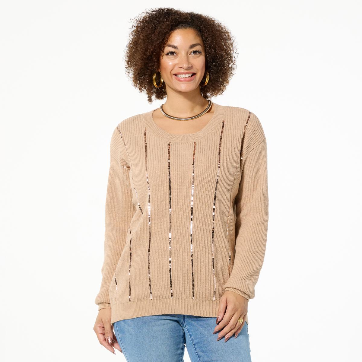 Nina Leonard Sequin-Accented Ribbed Knit Sweater Tunic - 23352465 | HSN