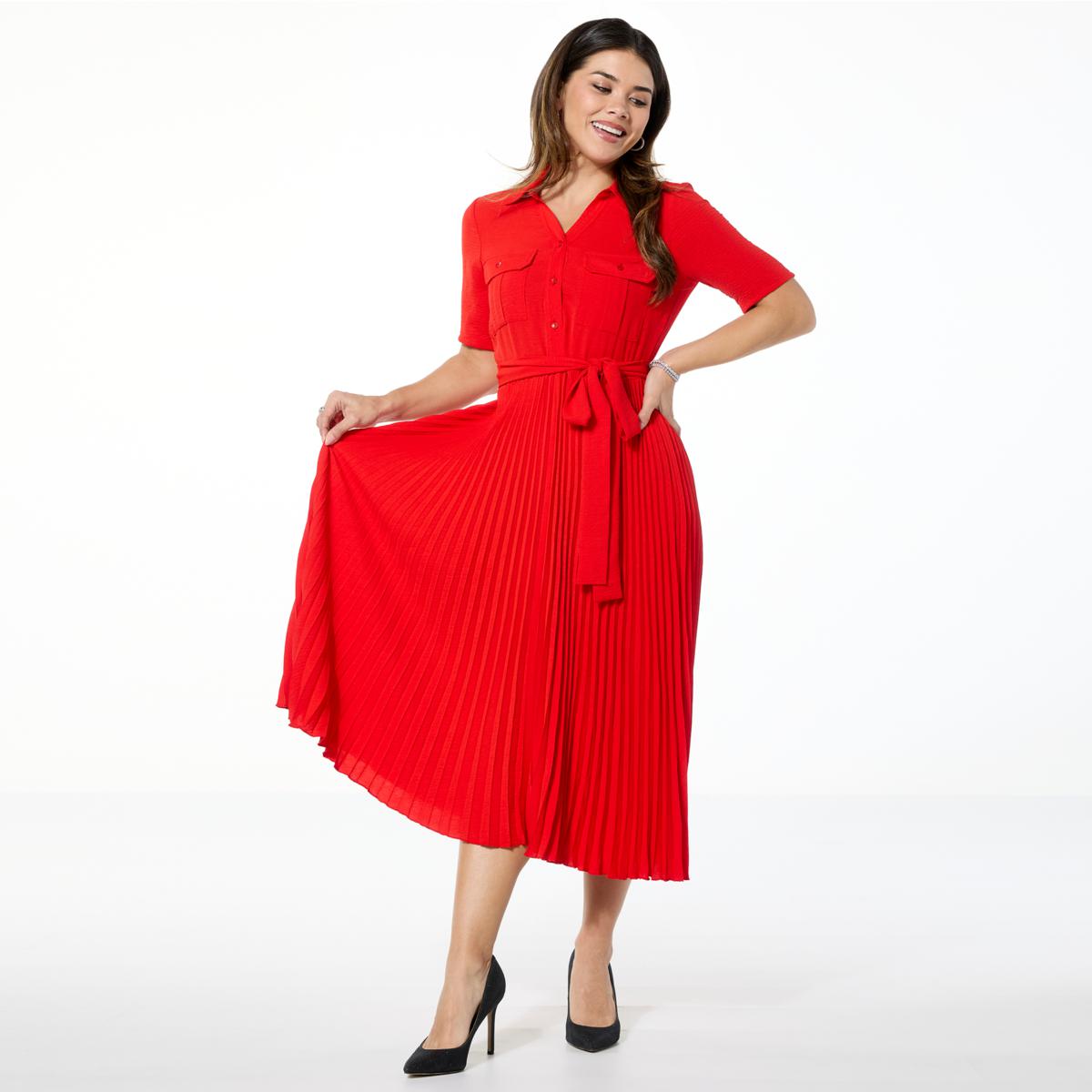 Nina Leonard Collared Shirt Dress with Pleated Skirt | HSN