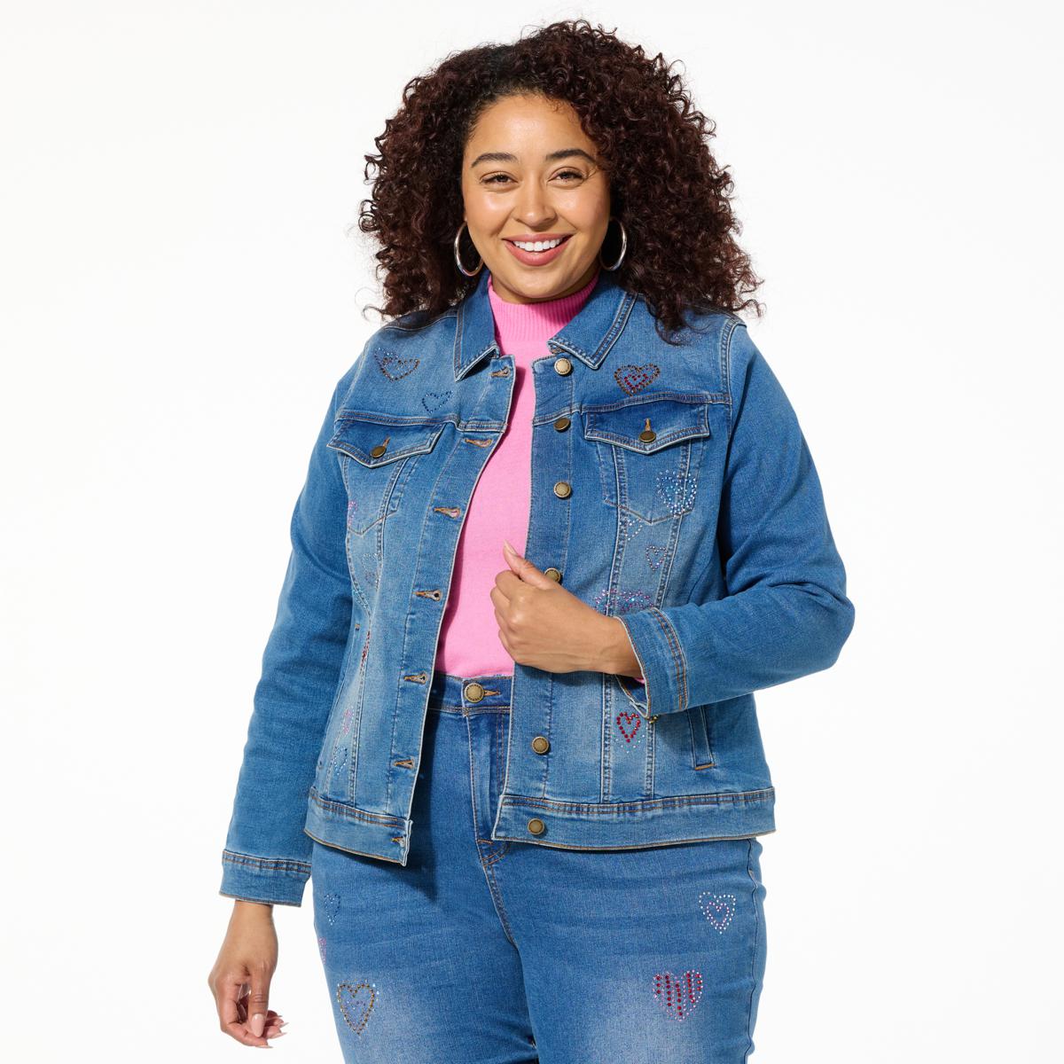 DG2 by Diane Gilman New Classic Stretch Heart-Embellished Denim Jacket ...
