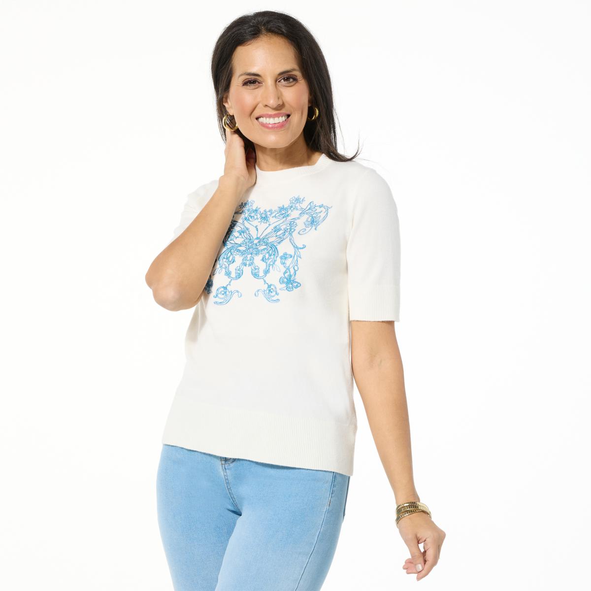 DG2 by Diane Gilman Embroidered Short-Sleeve SoftEase Sweater | HSN