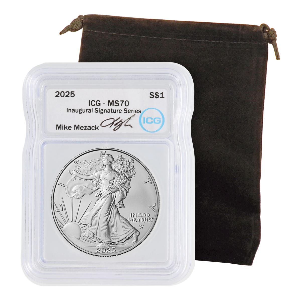 2025 MS70 ICG Silver Eagle w/Mike Mezack Label & 2-Coin Grading Sheet ...