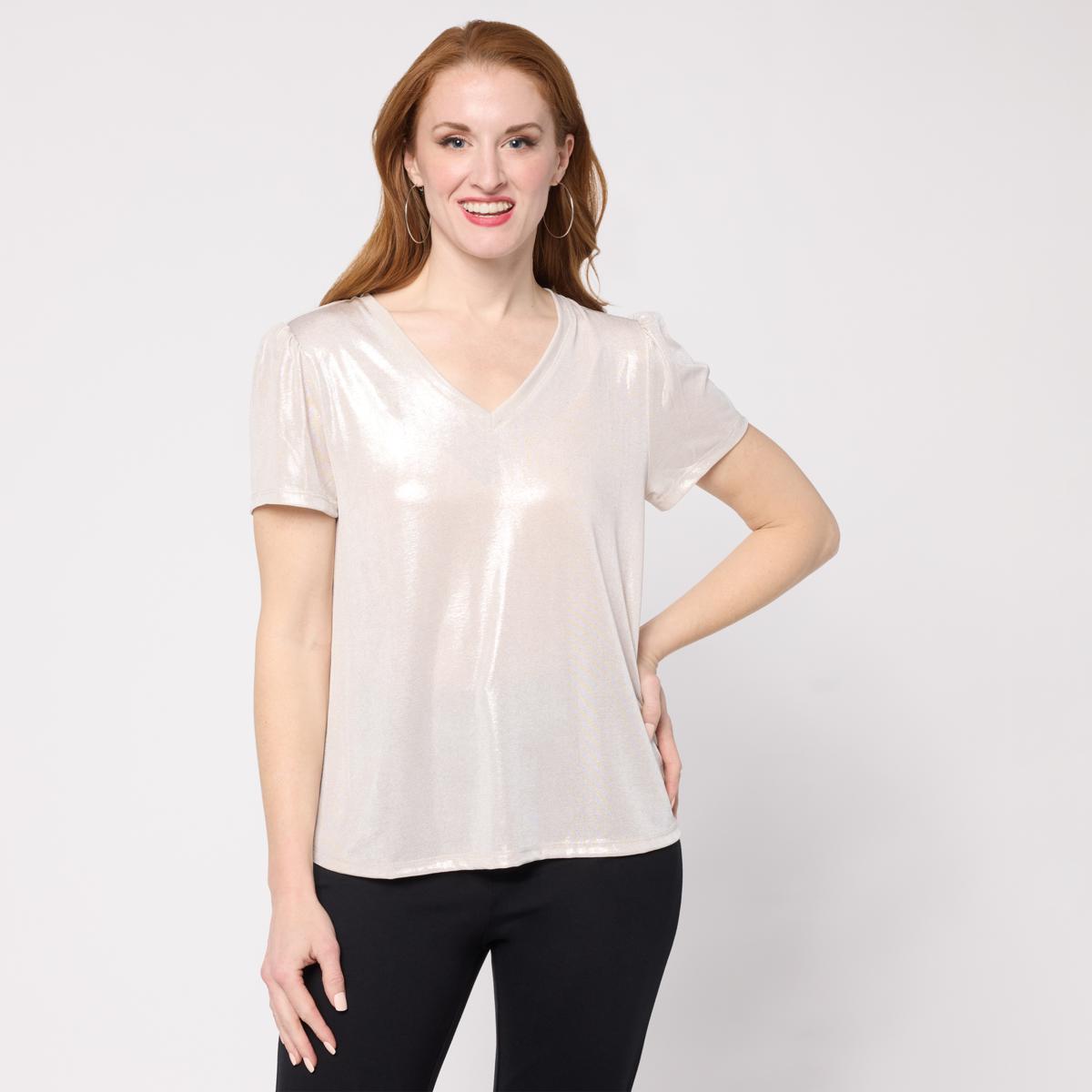 G by Giuliana Shirred Sleeve V-Neck Shimmer Top | HSN