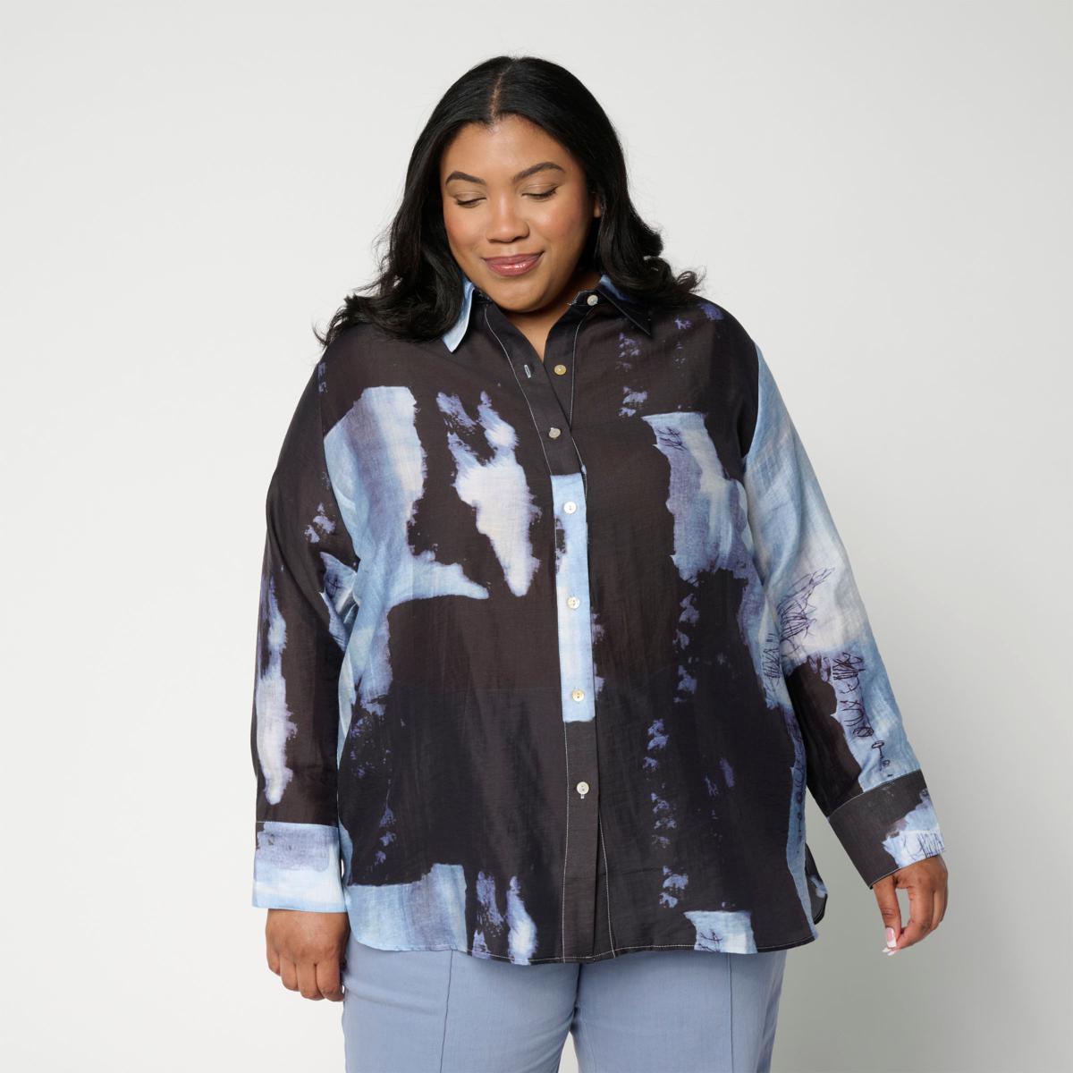 WynneCollection Printed Woven Long-Sleeve Collared Shirt | HSN