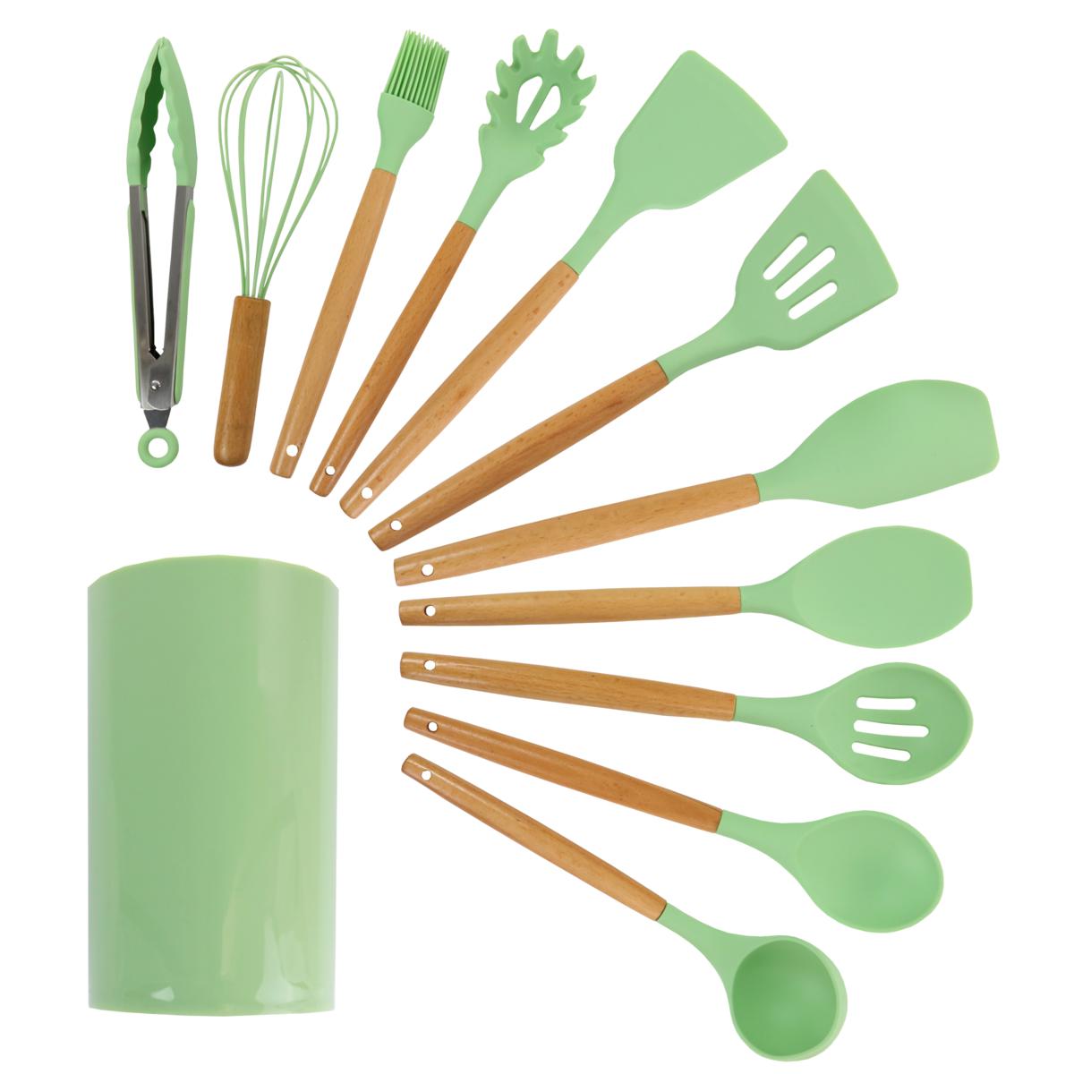 MegaChef Mint Green Silicone and Wood Cooking Utensils, Set of 12 ...