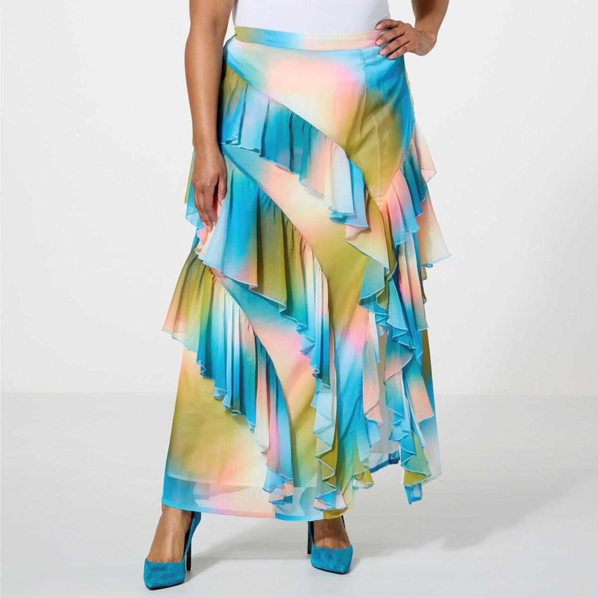 C Wonder Runway Collection Crinkled Chiffon Tiered Ruffle Maxi Skirt ...