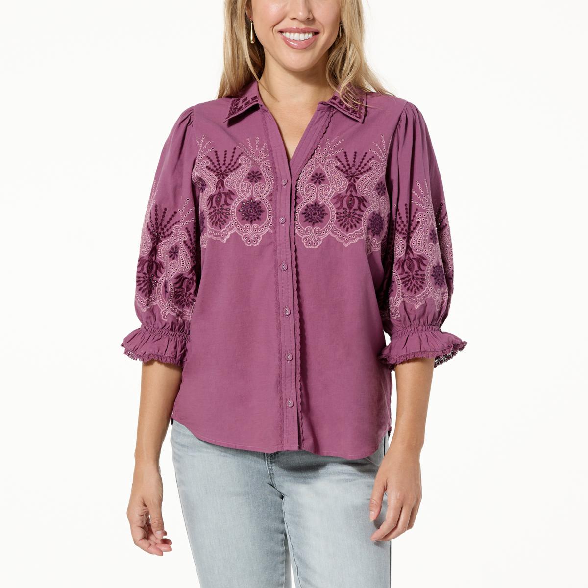 Democracy Embroidered Puff-Sleeve Buttoned Shirt - 20825364 | HSN