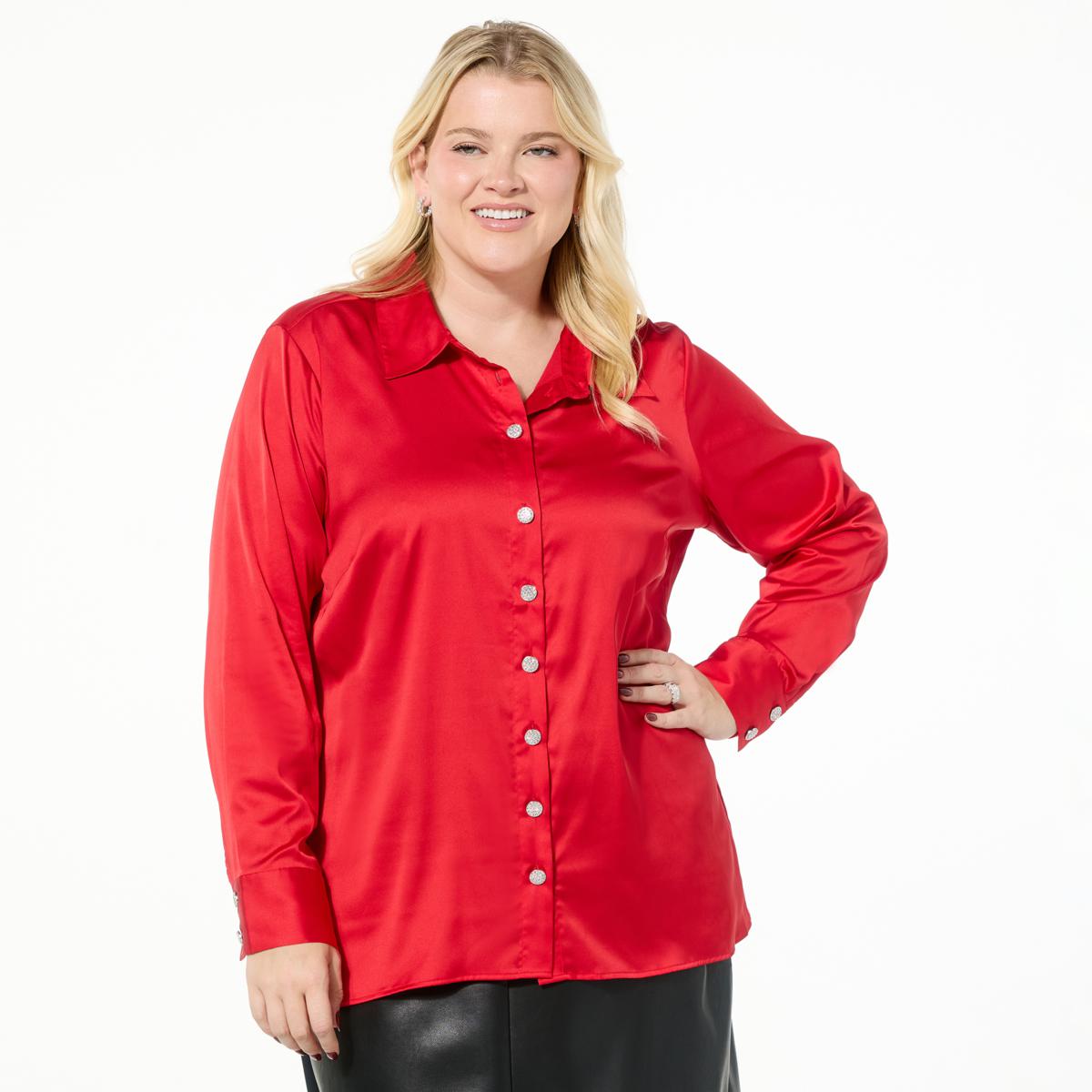 Jaclyn Smith Jeweled Button Front Satin Top | HSN