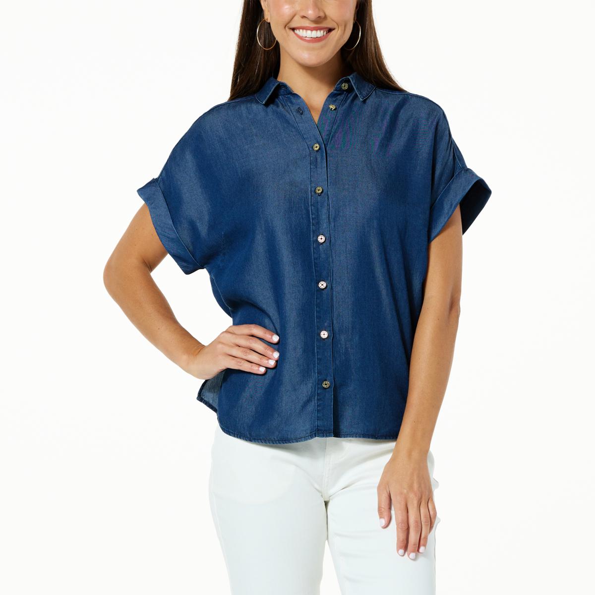 Jaclyn Smith Woven Chambray Short-Sleeve Button Front Top - 20770159 | HSN Jaclyn Smith Woven Chambray Short-Sleeve Button Front Top - 20770159 | HSN
