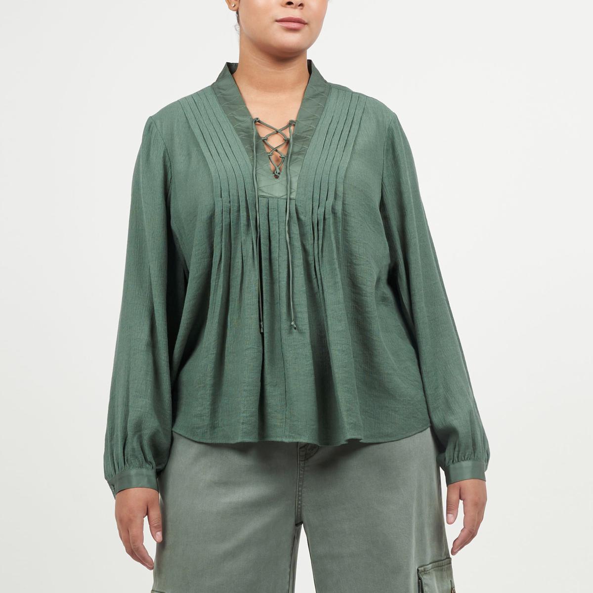 La Joie Micro Crepe Lace-Up Pleated Blouse - 22117633 | HSN