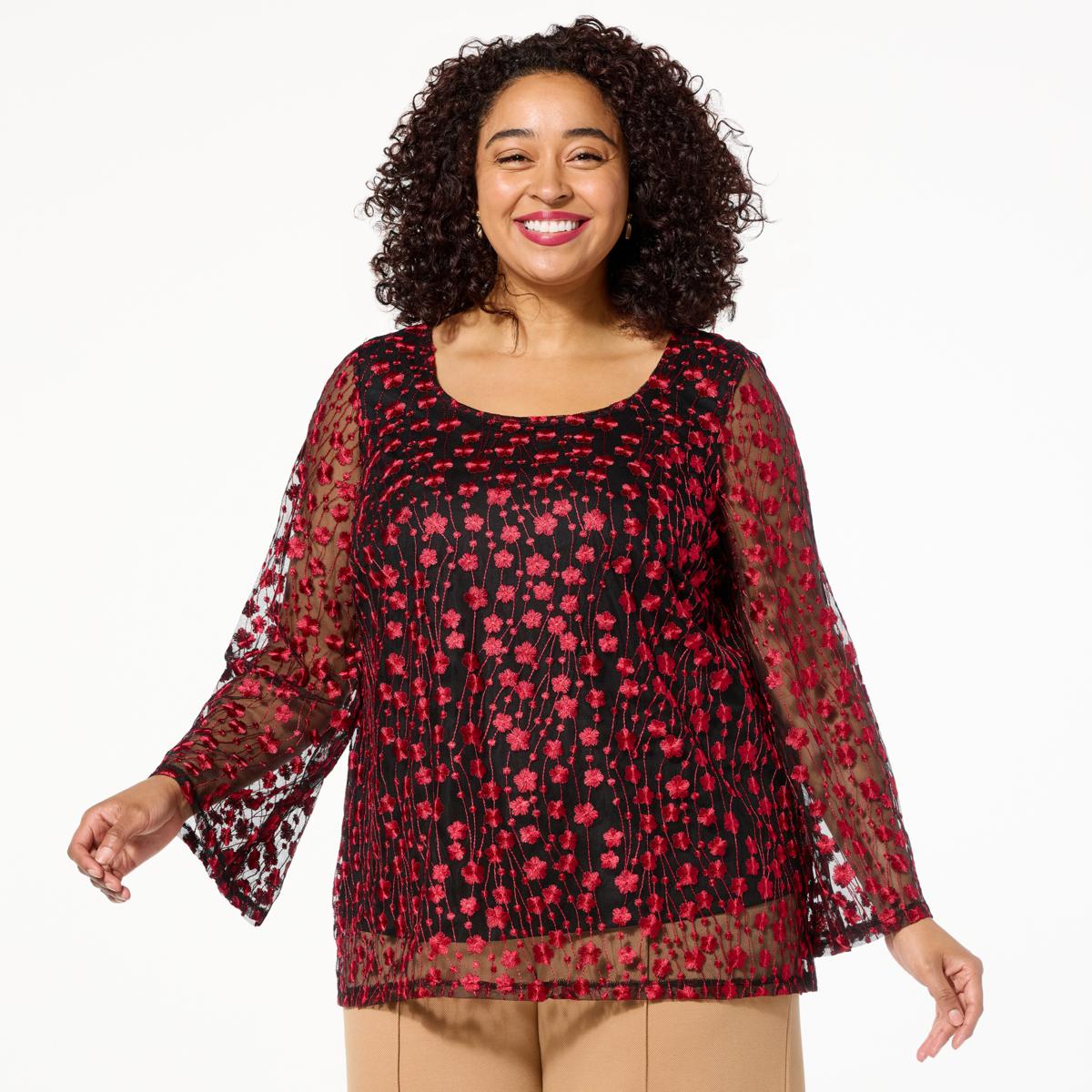 Nina Leonard Embroidered Mesh Tunic | HSN