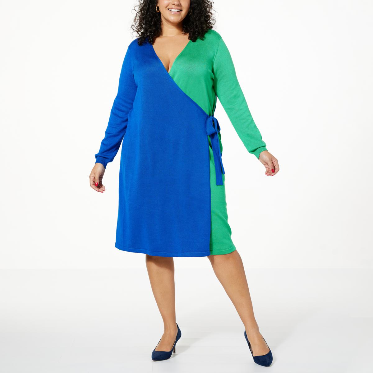 Nina Leonard Long-Sleeve Colorblock Wrap Dress | HSN